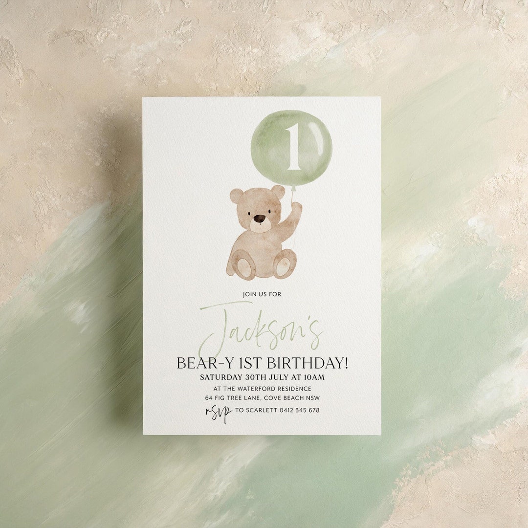 Beary First Birthday Invitation Sage Green, Bear 1st Birthday Invite ...