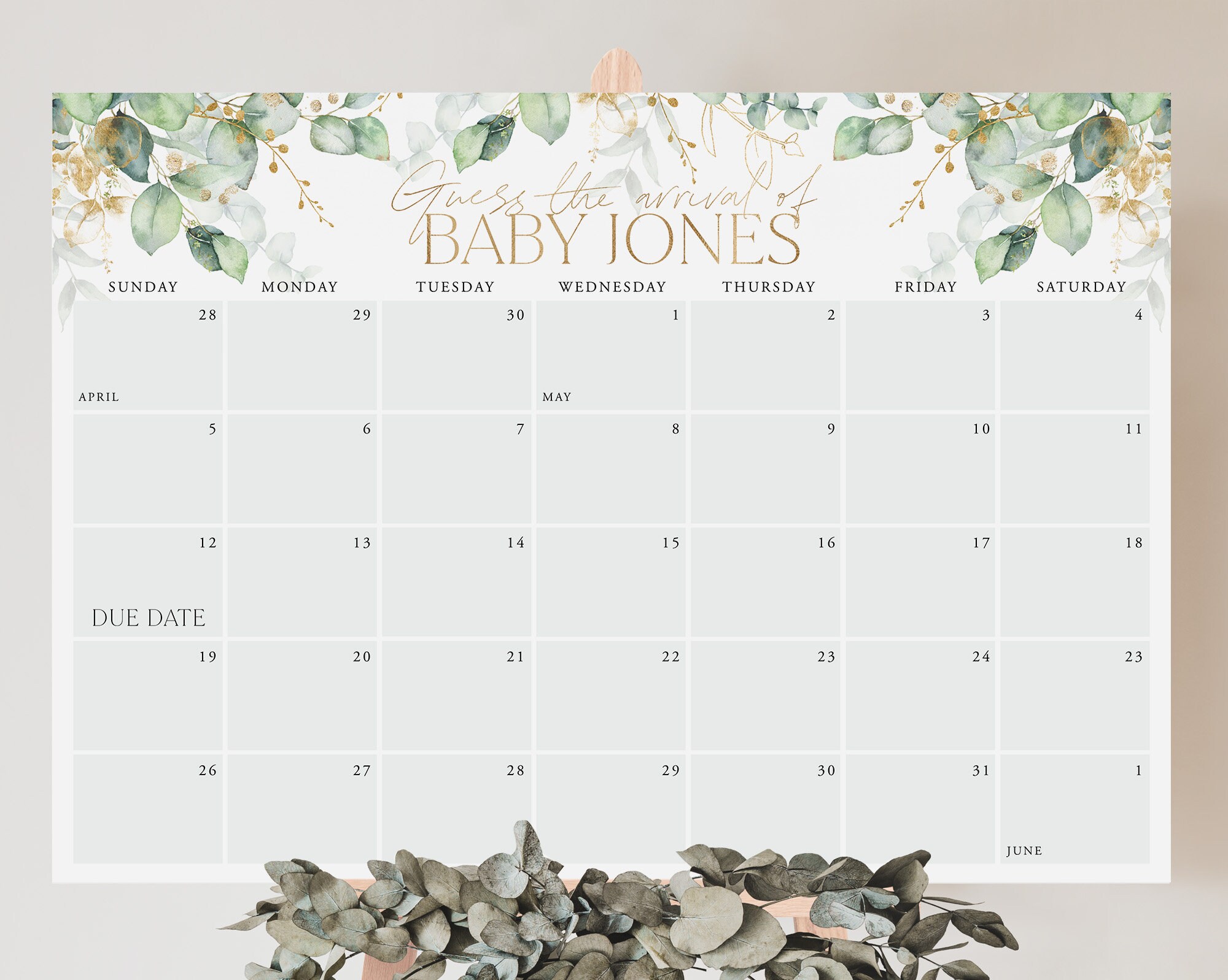 Baby Shower Due Date Calendar Greenery Baby Birth Date Sign - Etsy