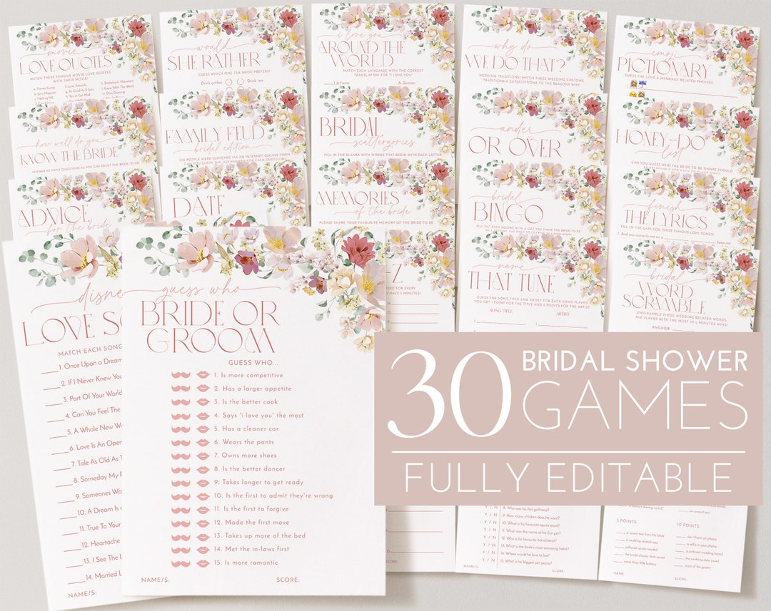 Floral Bridal Shower Games, Pink Flower Bridal Shower Editable Games ...