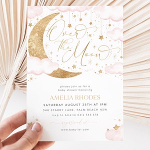 Over the Moon Invitation, Moon Baby Shower Invitation, Girl Baby Shower ...