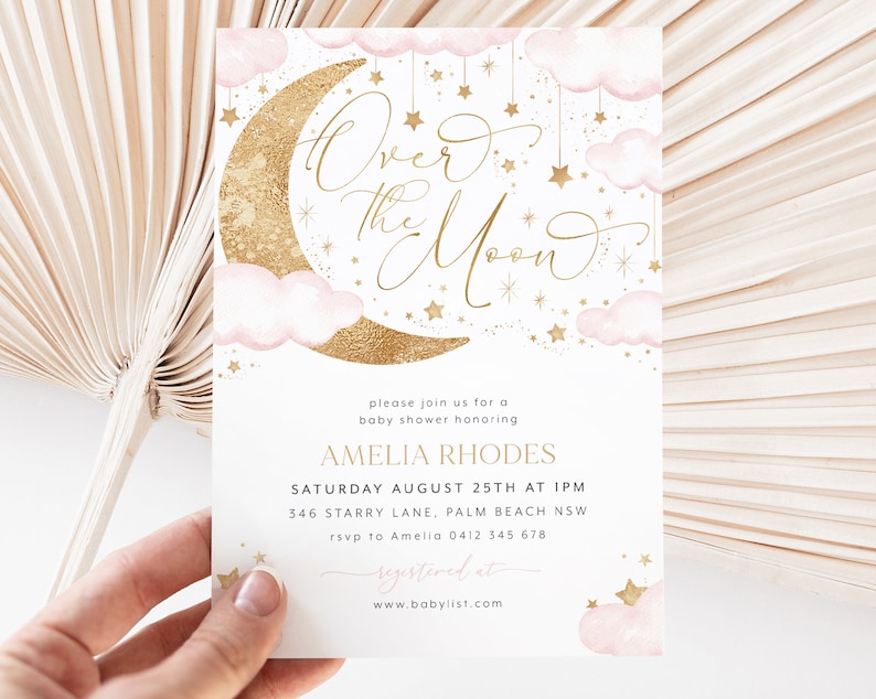 Over the Moon Invitation, Moon Baby Shower Invitation, Girl Baby Shower ...