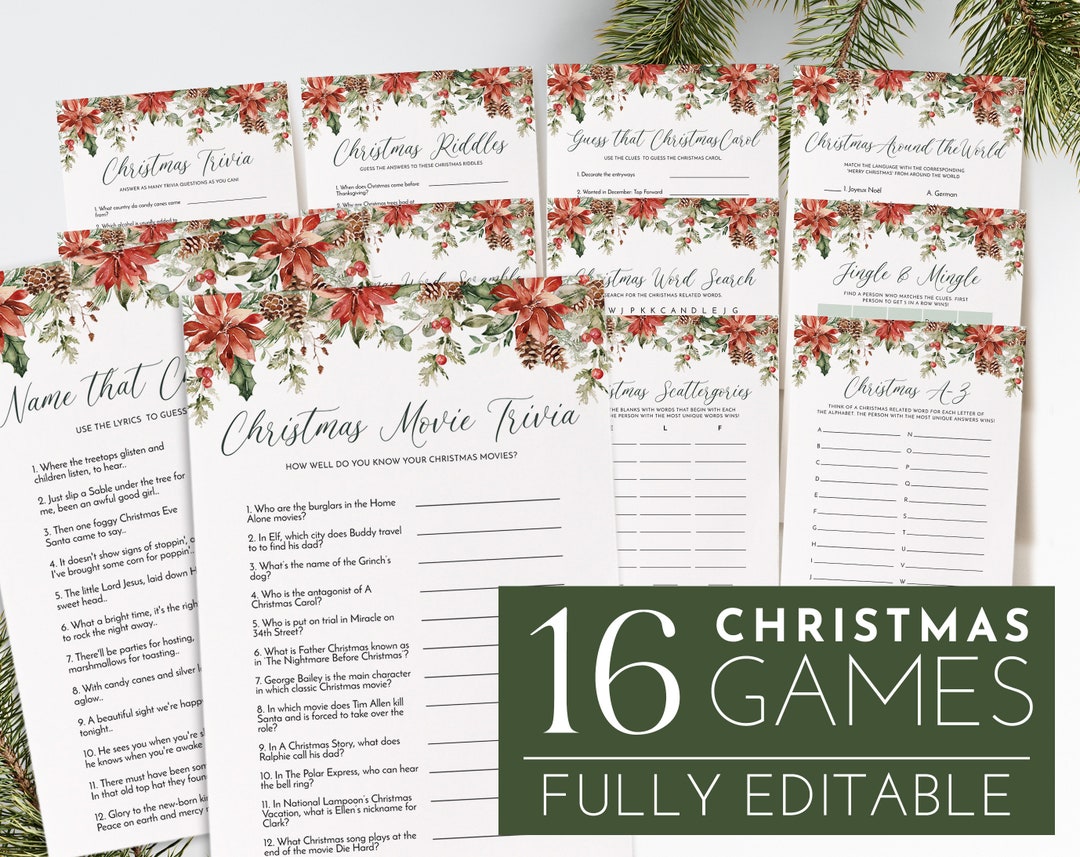 Modern Christmas Games, Printable Holiday Games, Red Flowers, Christmas ...