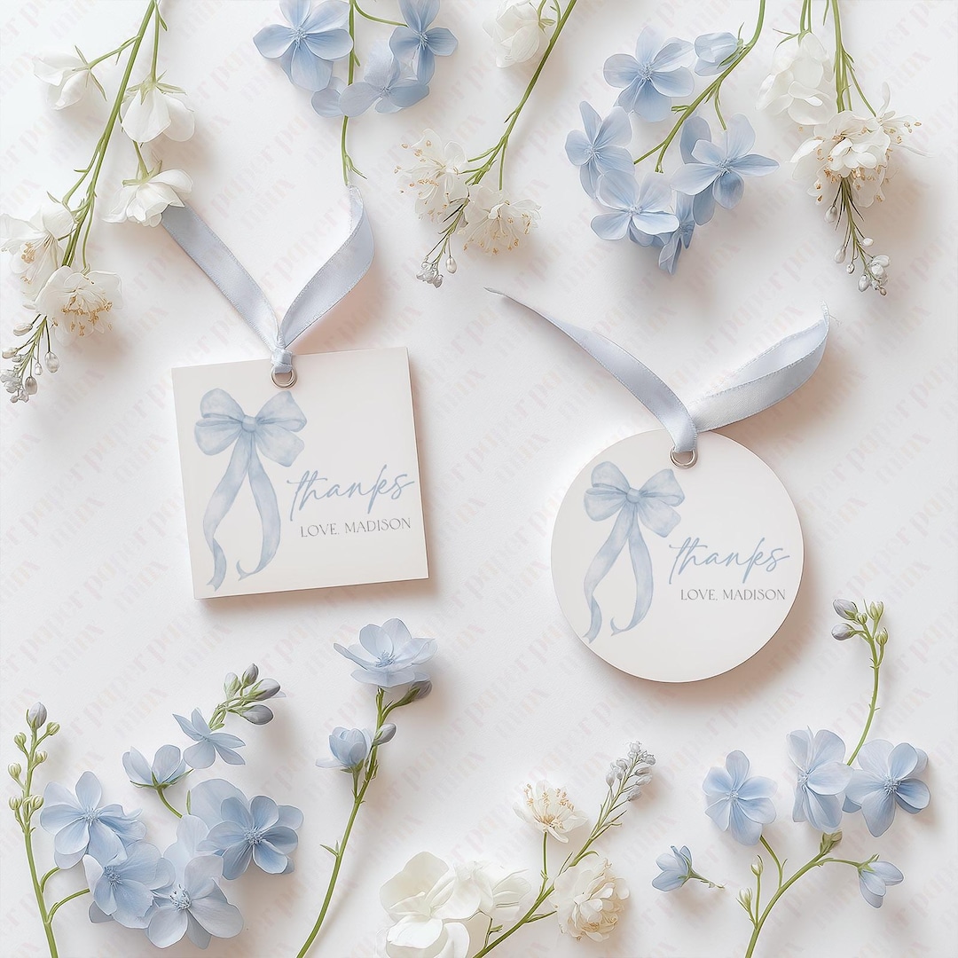 Blue Bow Favor Tags, Blue Bow Baby Shower Favour Tags Printable, Thank ...