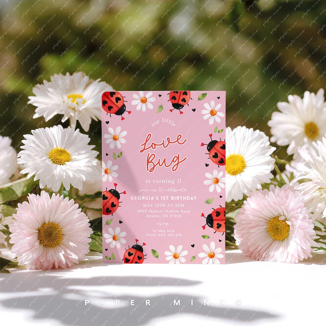 Ladybug 1st Birthday Invitation Template: Pink Love Bug (5x7" Printable ...