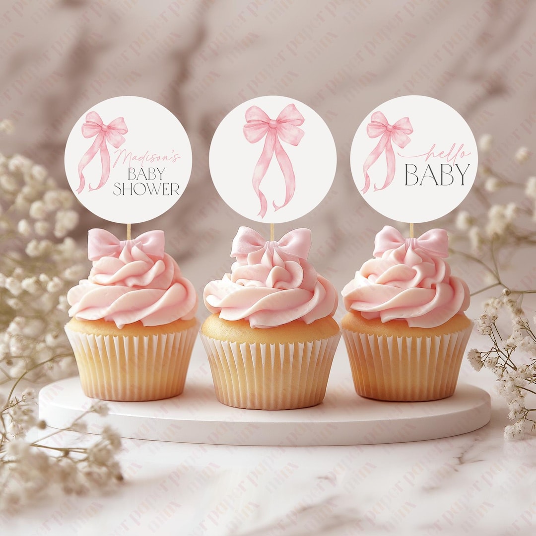 Pink Bow Cupcake Toppers, Pink Bow Baby Shower Cupcake Toppers ...