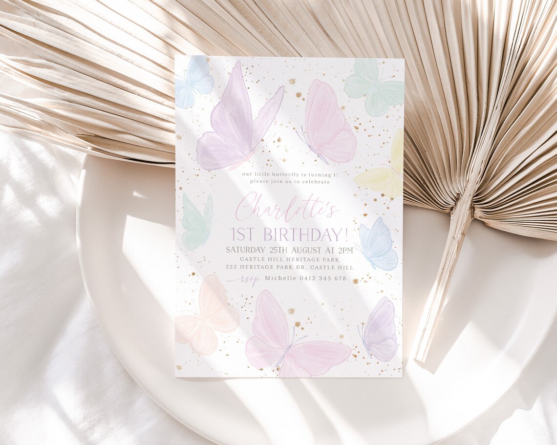 Butterfly Birthday Invitation, Pastel Rainbow Butterflies 1st Birthday ...