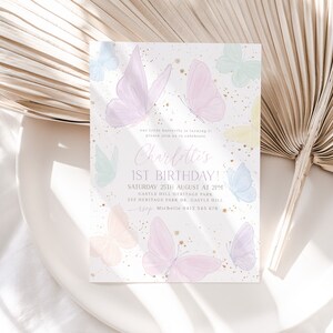 Butterfly Birthday Invitation, Pastel Rainbow Butterflies 1st Birthday ...