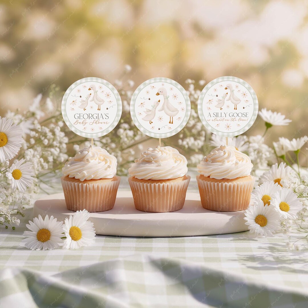 Silly Goose Baby Shower Cupcake Toppers: Editable Sage Green Design ...