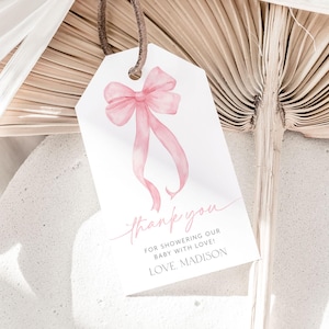 Printable Pink Bow Favor Tags, Pink Bow Baby Shower Favour Tags, Pink ...