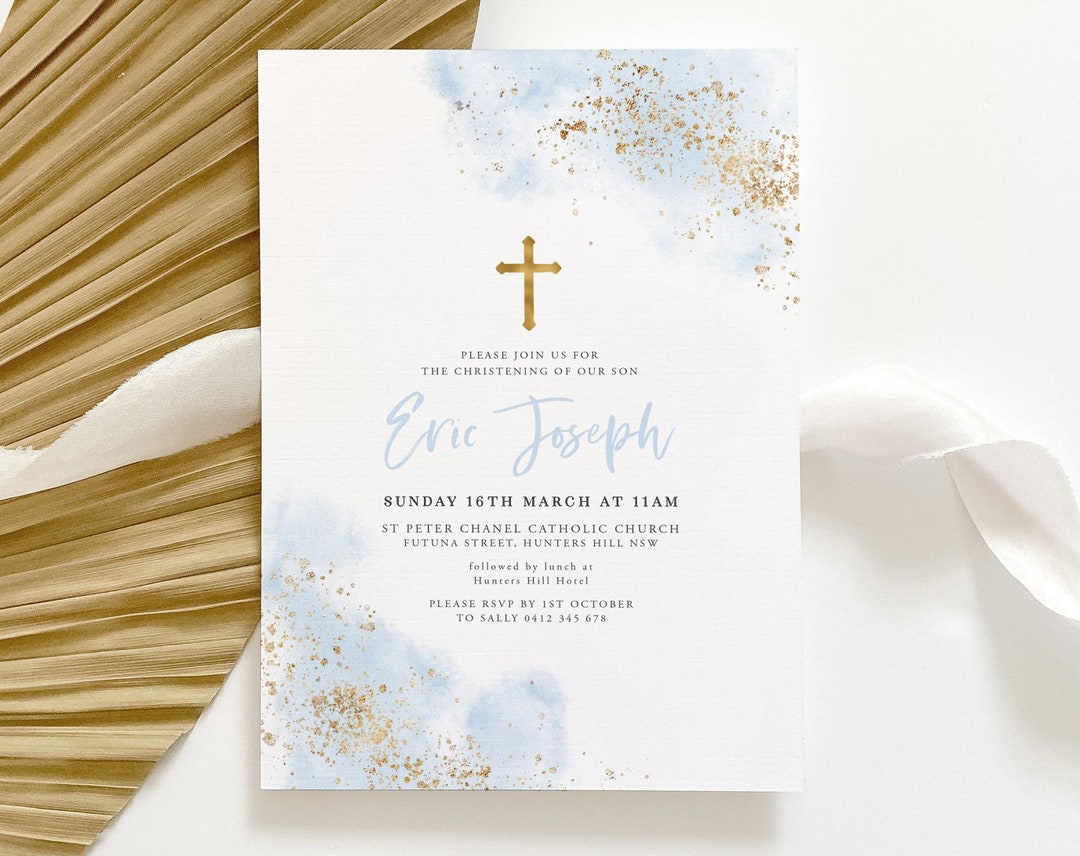 Christening Invitation Boy, Baptism Invitation, Blue and Gold, Light ...