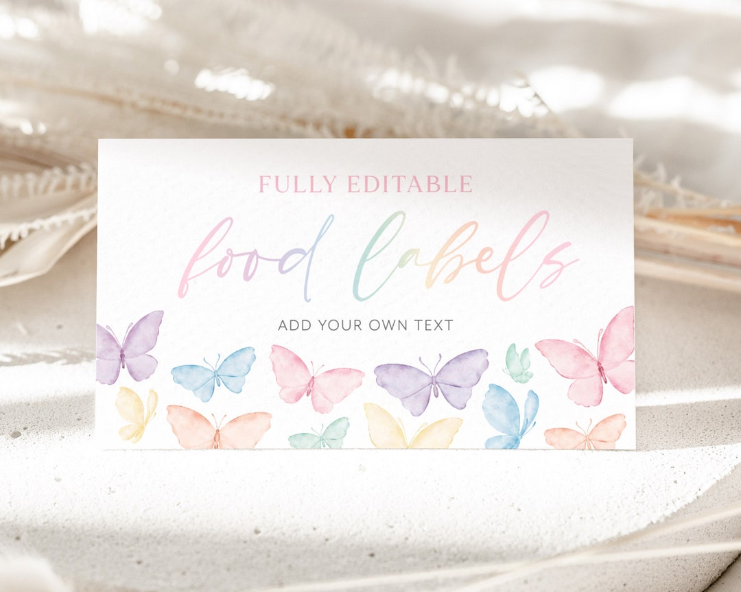 Editable Food Labels, Rainbow Butterfly Food Label Card, 1st Birthday ...