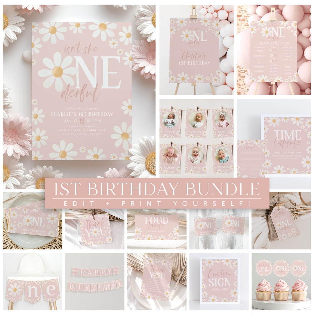 Daisy 1st Birthday Invitation Bundle Pink, Daisy Onederful Invite, 1st ...