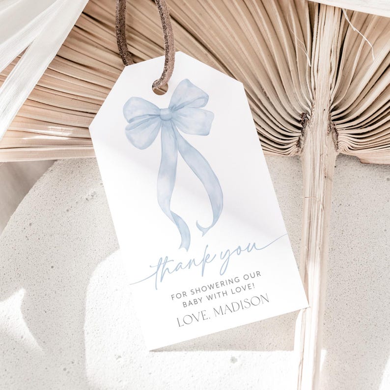 Printable Blue Bow Favor Tags, Blue Bow Baby Shower Favour Tags, Blue ...