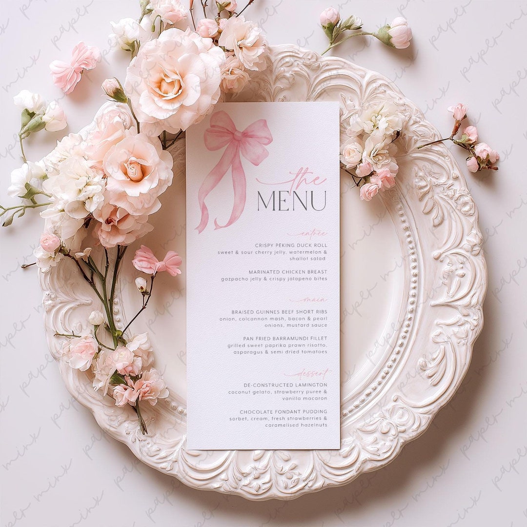 Pink Bow Menu Template, Printable Pink Bow Baby Shower Menu, Editable ...