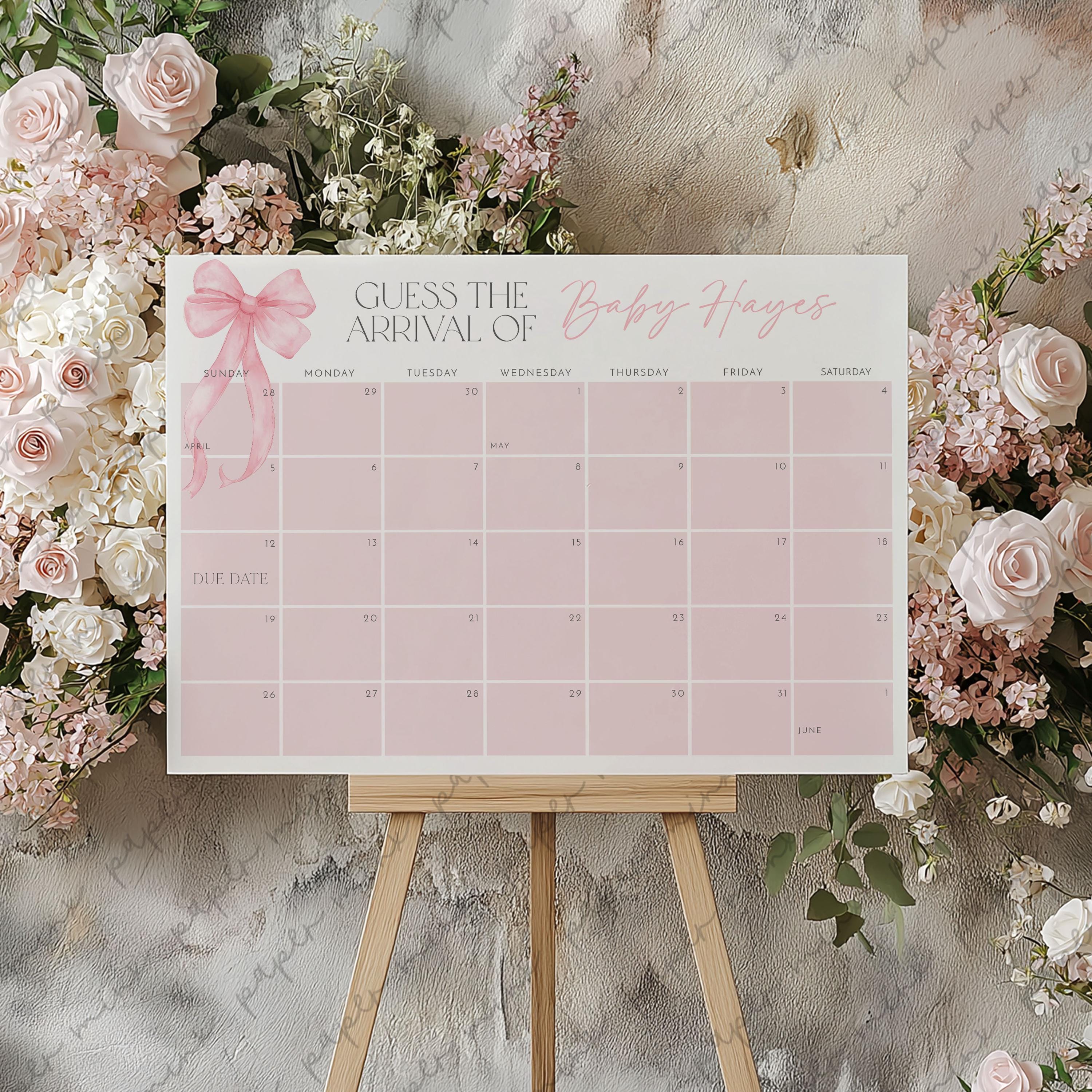 Pink Bow Baby Shower Due Date Calendar, Birth Date Sign, Baby Arrival ...
