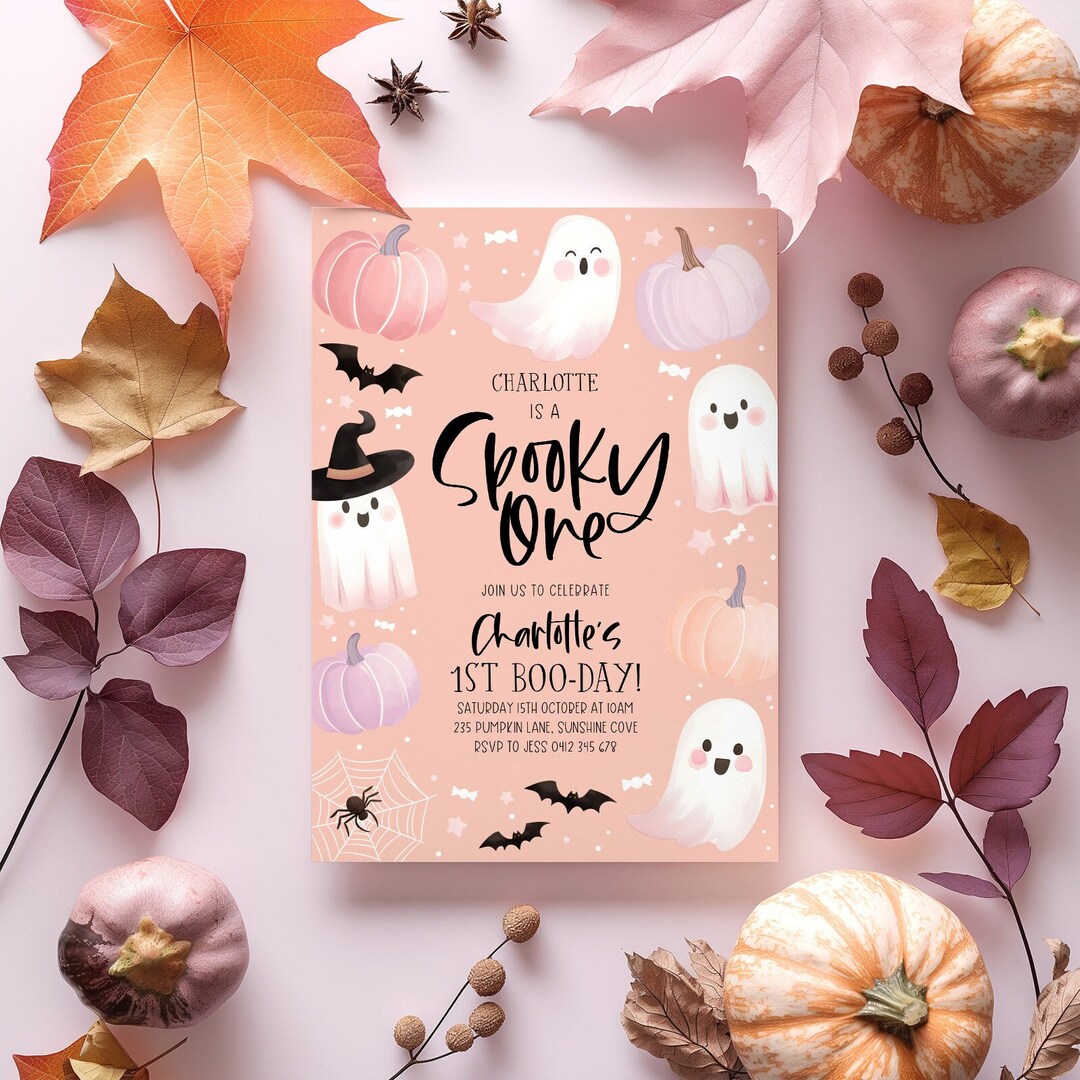 Spooky One Invitation Peach, Halloween Ghost 1st Birthday Party Invite ...