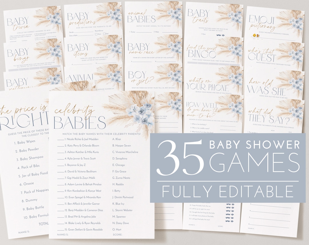 Blue Boho Baby Shower Games, Boy Baby Shower Games, Boho Game Printable ...