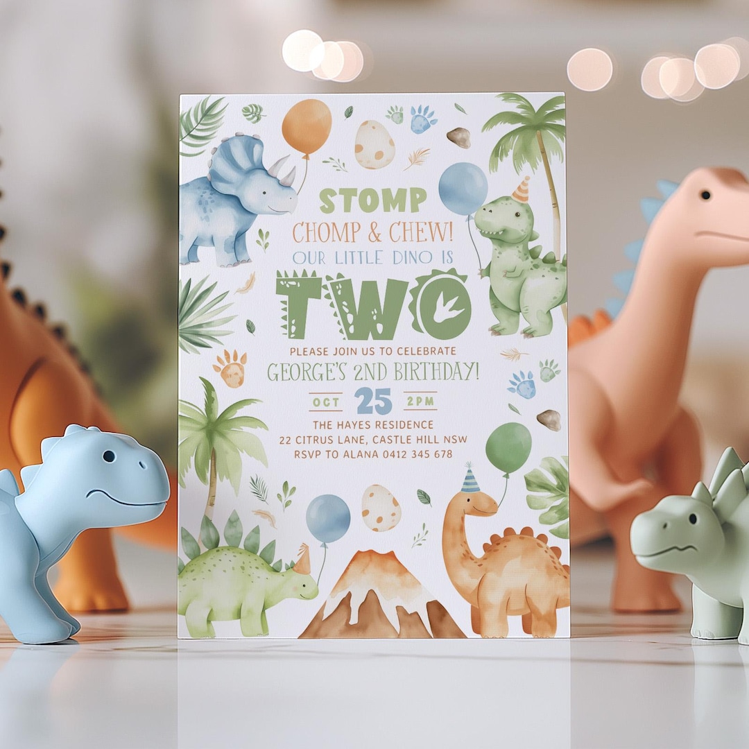 Dinosaur Birthday Invitation Template, Dinosaur 2nd Birthday, Dino ...