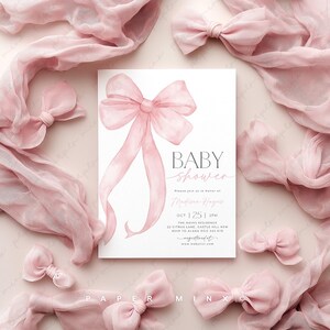 Pink Bow Baby Shower Invitation Template Printable, Baby Girl, Pink ...