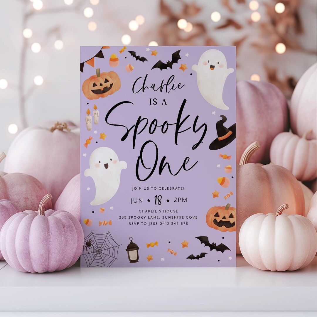 Spooky One Invitation Purple, Halloween Ghost 1st Birthday Party Invite ...