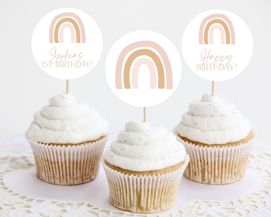 Rainbow Cupcake Toppers, Printable Cupcake Topper, Pink Rainbow 1st ...