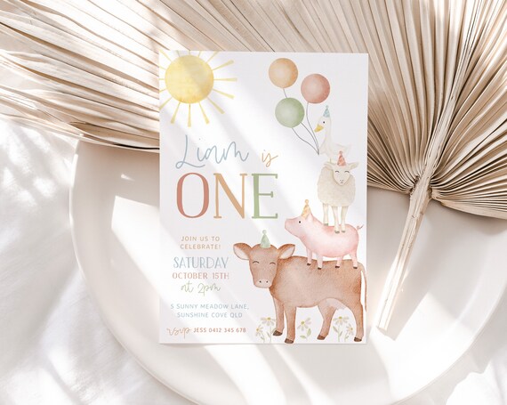 Farm Animal 1st Birthday Invitations