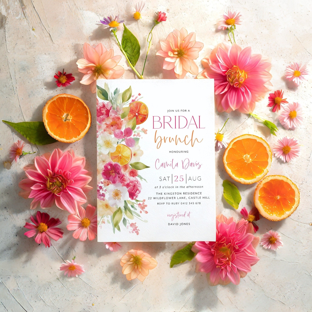 Citrus Bridal Brunch Invitation, Orange Bridal Shower, Bright Floral ...