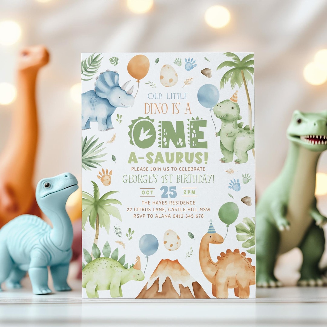 Dinosaur 1st Birthday Invitation Template, Dinosaur First Birthday ...