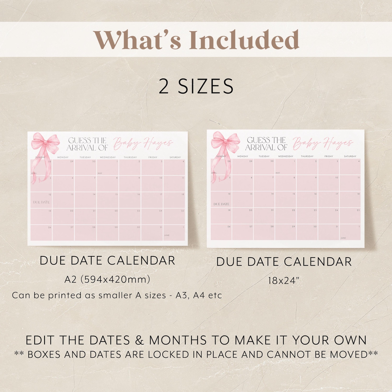 Pink Bow Baby Shower Due Date Calendar, Birth Date Sign, Baby Arrival ...