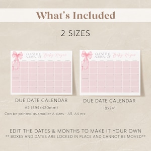 Pink Bow Baby Shower Due Date Calendar, Birth Date Sign, Baby Arrival ...