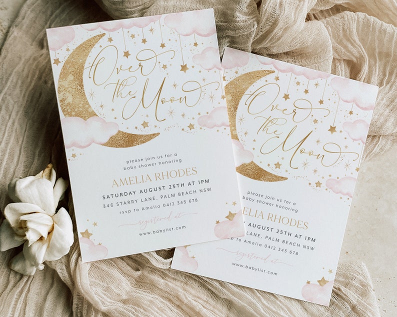 Over the Moon Invitation, Moon Baby Shower Invitation, Girl Baby Shower ...