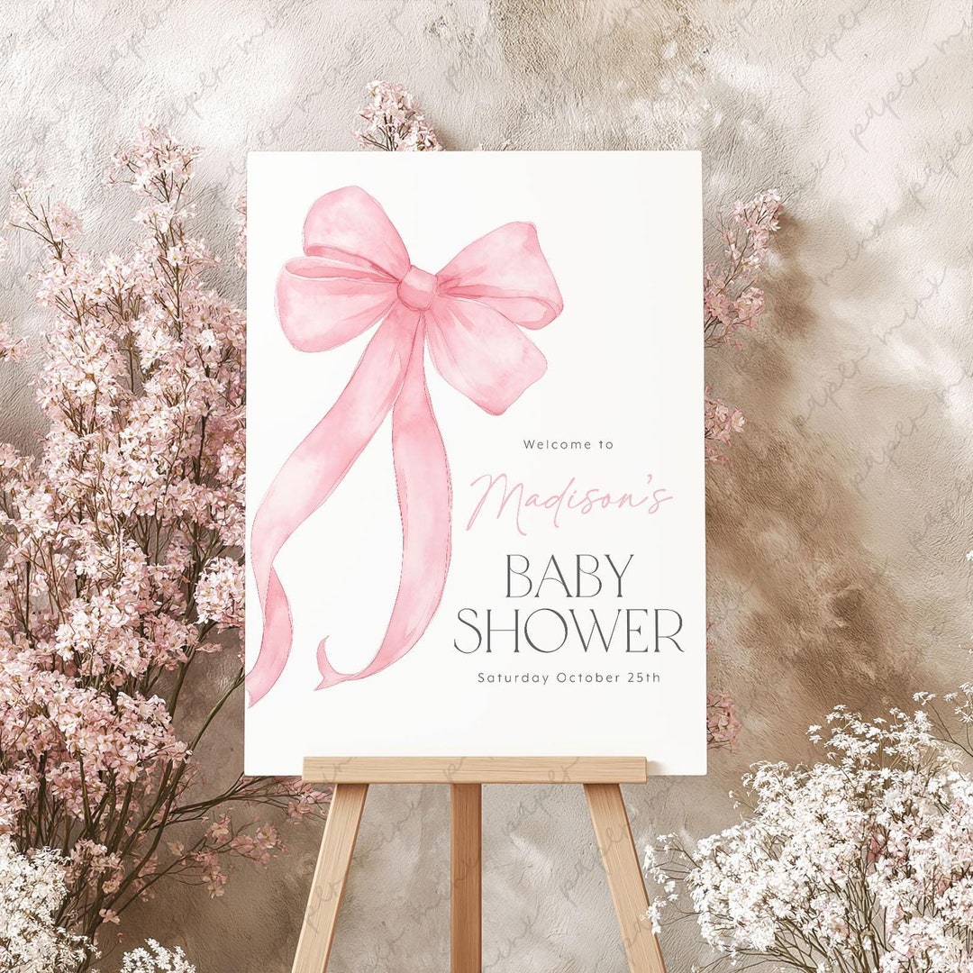 Pink Bow Welcome Sign, Pink Bow Baby Shower Welcome Sign Printable ...