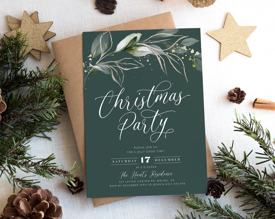 Christmas Party Invitation, Green Gold Leafy, Holiday Party Invitation ...