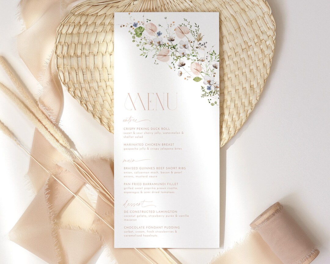 Pink Floral Menu Template, Printable Bridal Shower Menu, Flower Menu ...