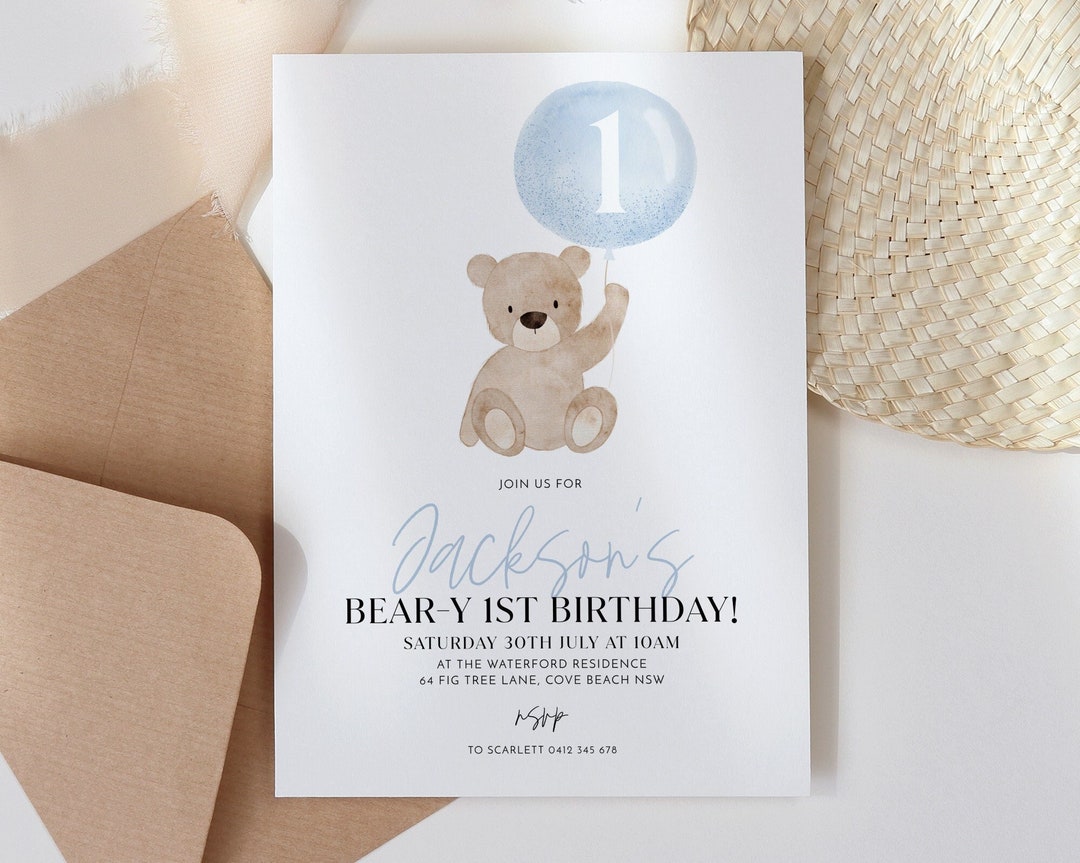 Bear Birthday Invitation, Bear-y First Birthday, Bear Balloons ...