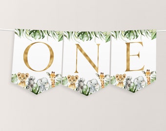 High Chair ONE Birthday Banner Party Animals Safari Animals Wild One ...