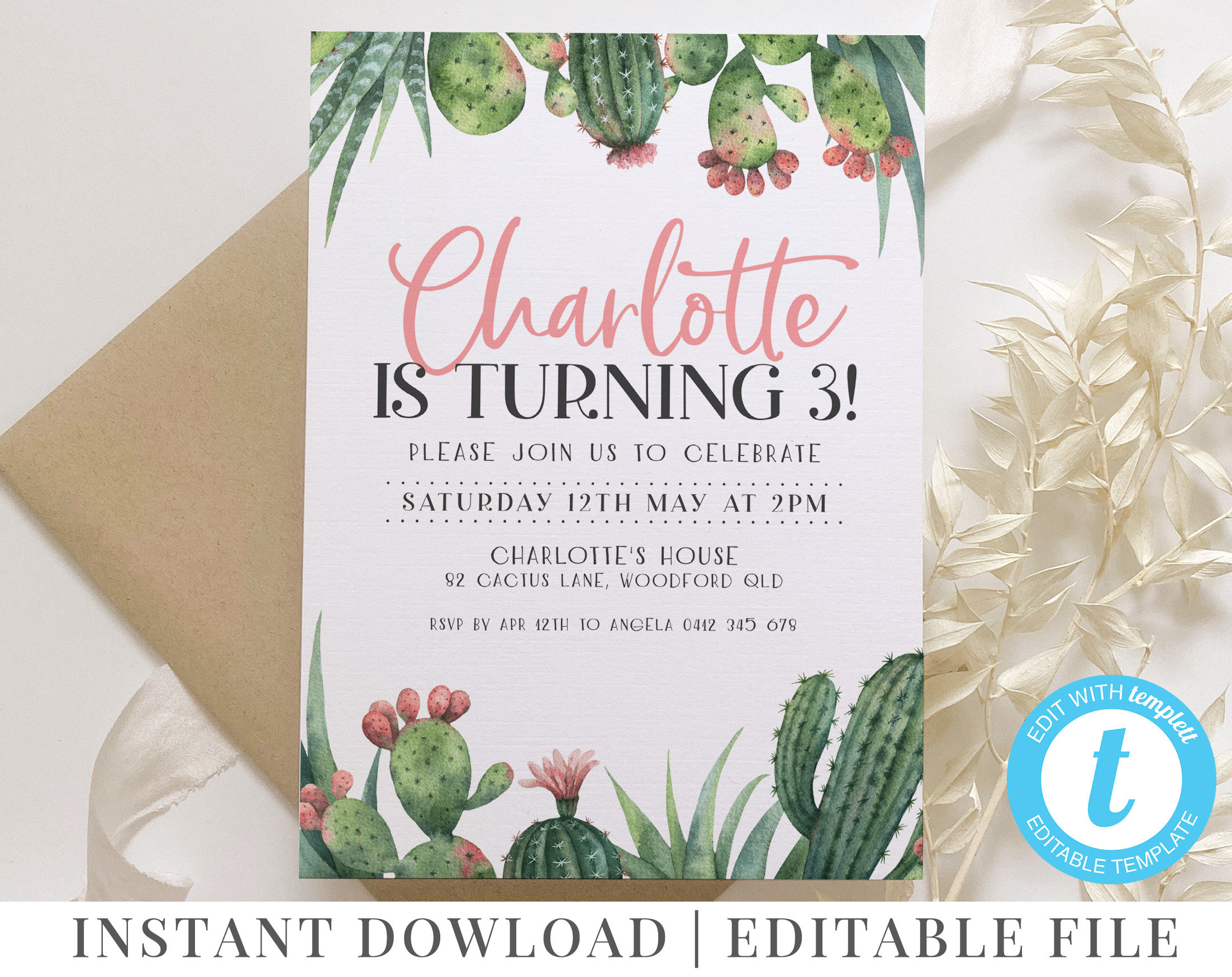 Fully Customizable Digital Download EDITABLE Cactus Birthday Invitation ...