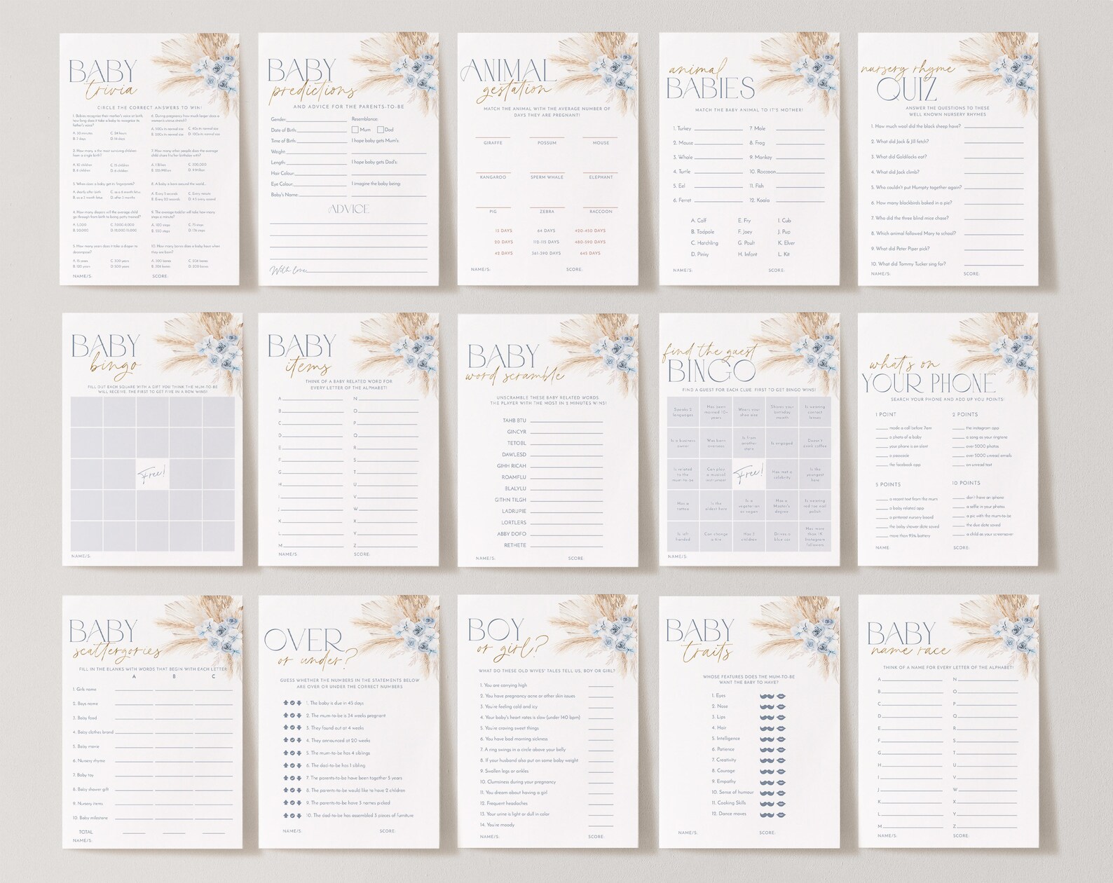 Blue Boho Baby Shower Games, Boy Baby Shower Games, Boho Game Printable ...