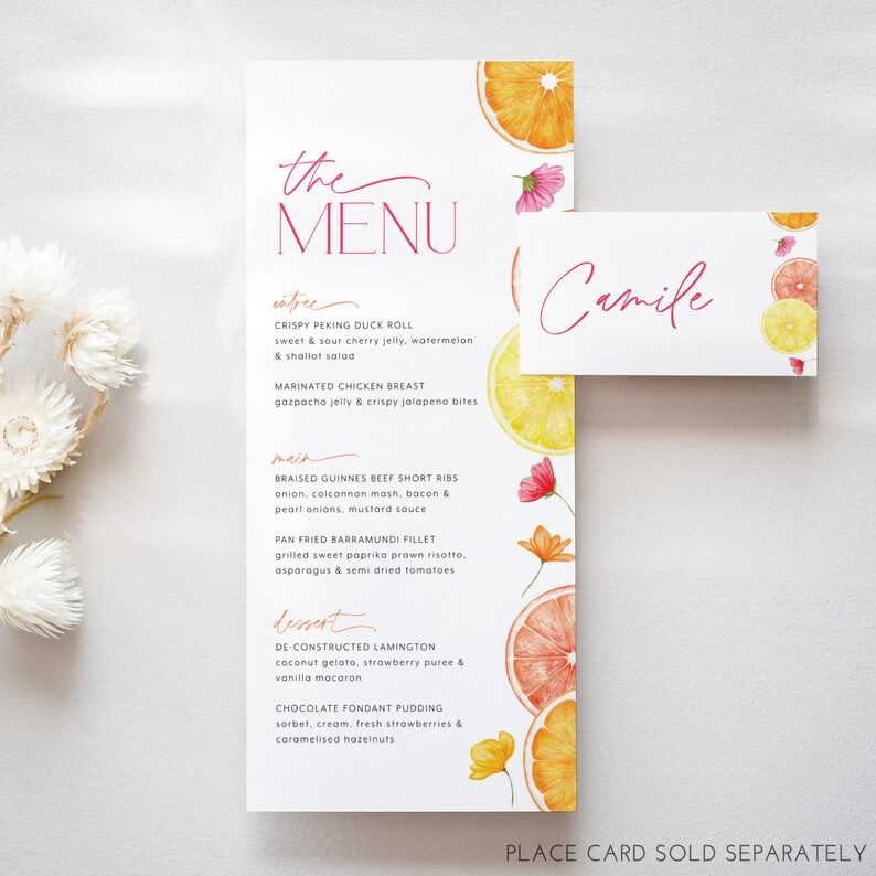 Citrus Menu Template, Printable Bridal Shower Menu, Lemon Orange Menu ...
