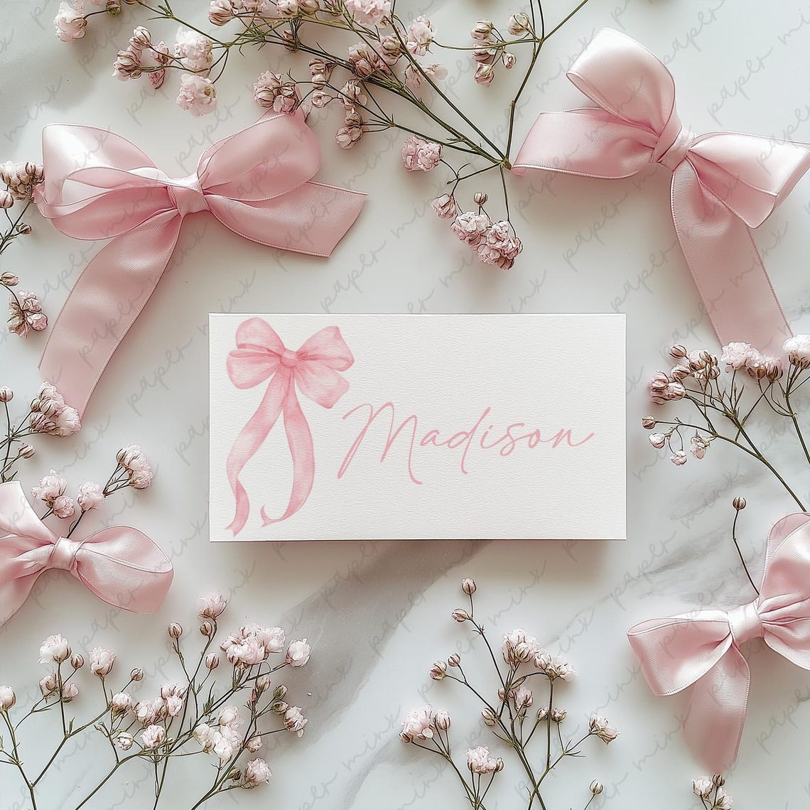 Pink Bow Place Card Template Printable, Flat Place Cards, Baby Shower ...