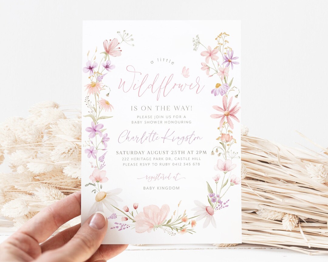 Wildflower Baby Shower Invitation, Wild Flower Invitation, Purple Pink ...