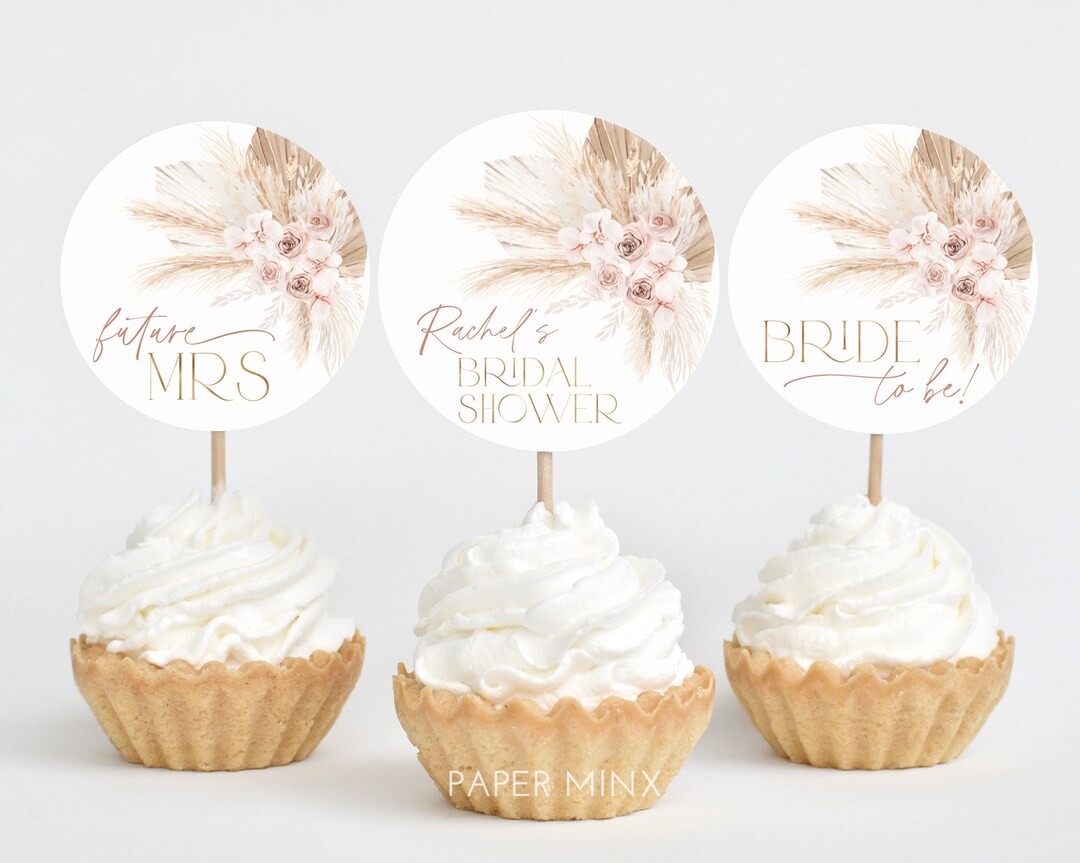 Pink Boho Cupcake Toppers, Bridal Shower Cupcake Toppers, Printable ...