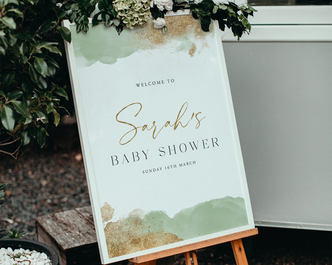 Sage Welcome Sign, Gender Neutral Baby Shower Welcome Sign, Green Gold ...
