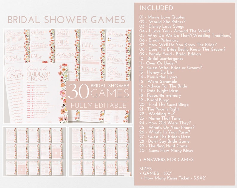Floral Bridal Shower Invitation Bundle, Floral Bridal Shower Games Pack ...