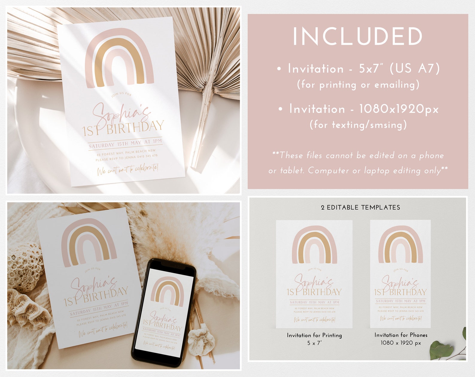 Boho Rainbow Birthday Invitation Bundle Rainbow First | Etsy