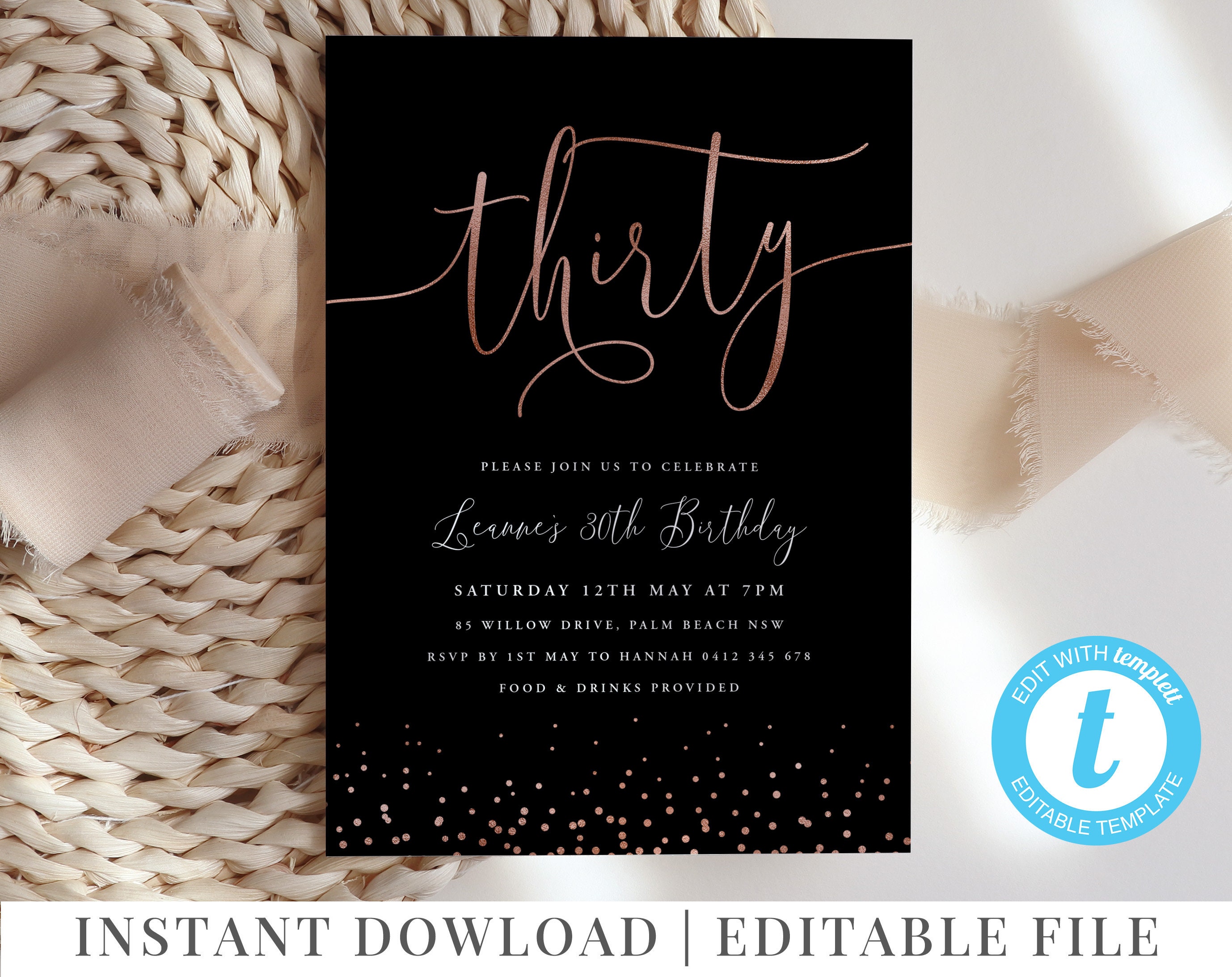30th Birthday Invitation Rose Gold Invitation Template Etsy Australia