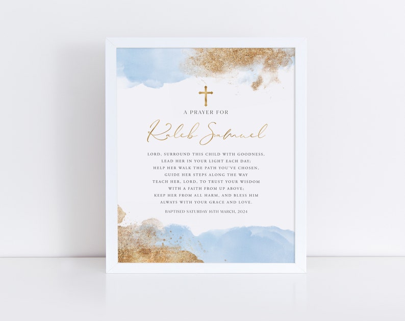 Baptism Prayer Sign 8x10, Blue and Gold Baptism Prayer Sign ...