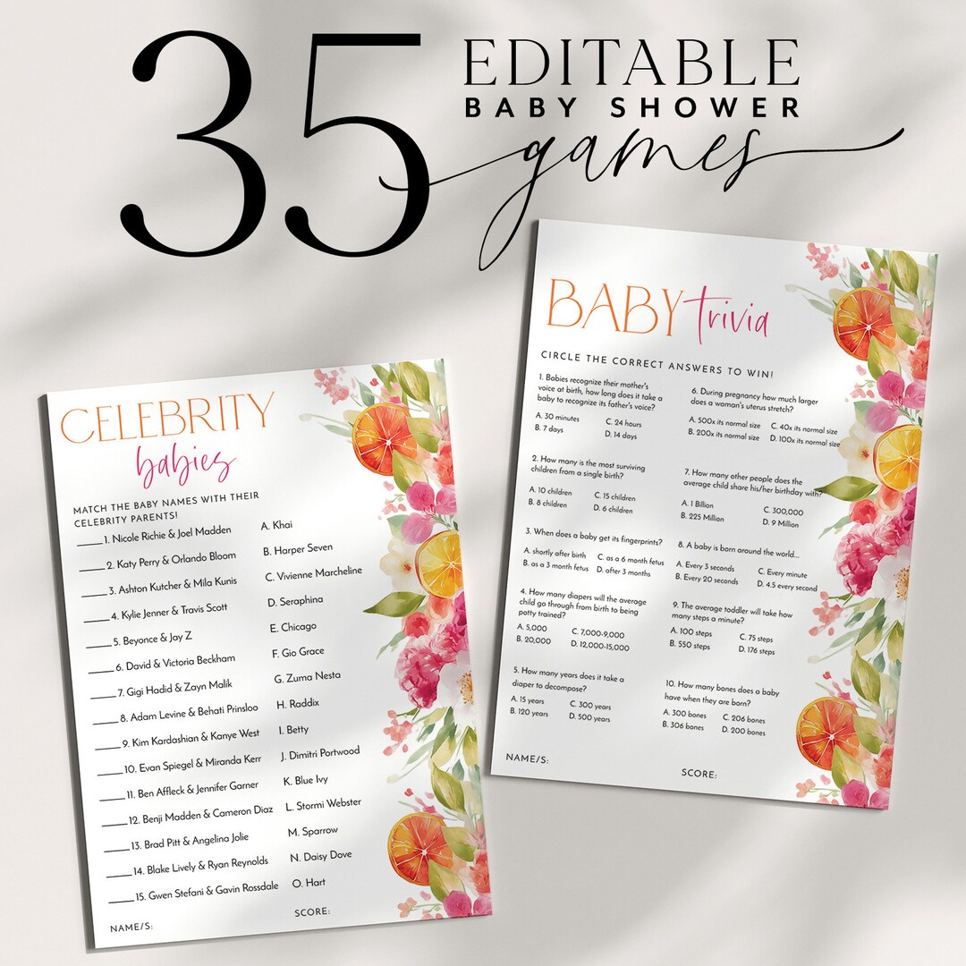 Citrus Baby Shower Games, Orange Baby Games Printable, Bright Flowers ...