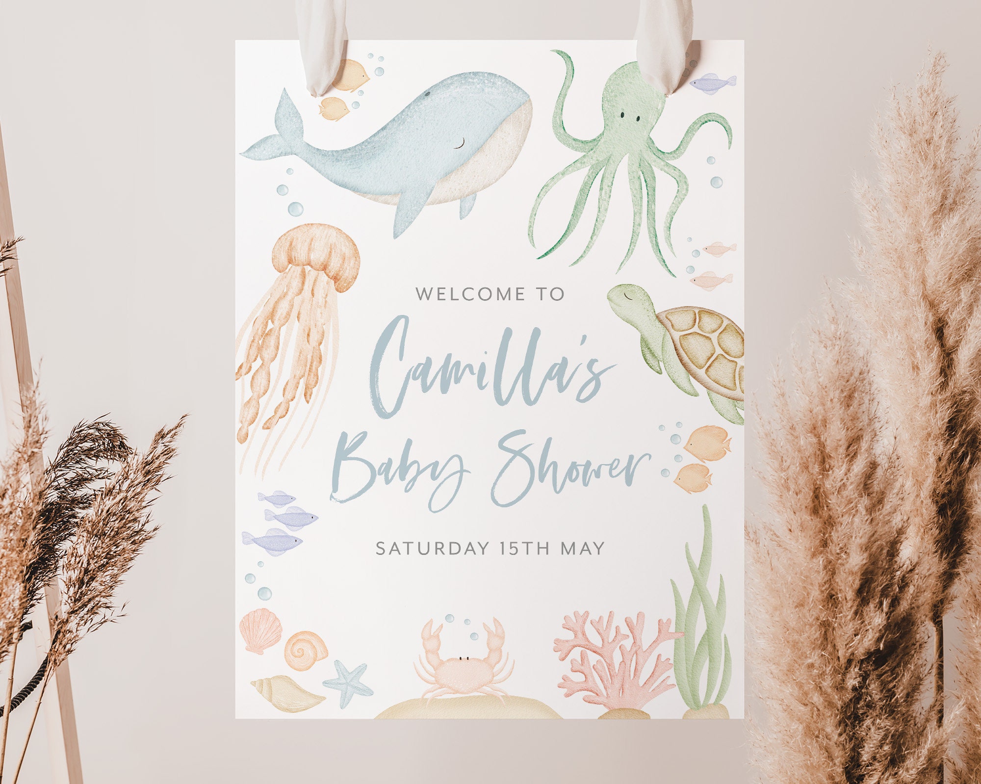 Under the Sea Welcome Sign Printable, Ocean Animals Baby Shower Welcome ...
