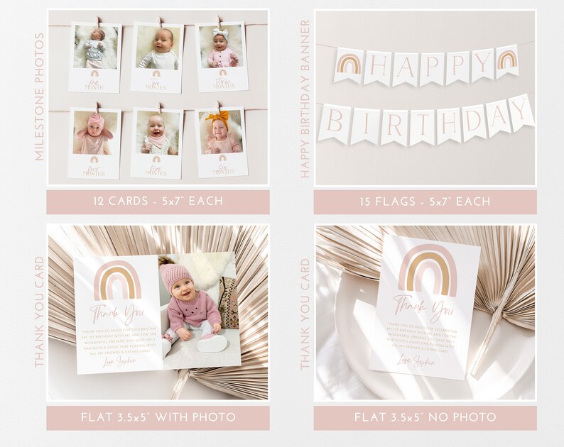 Boho Rainbow Birthday Invitation Bundle, Rainbow First Birthday ...